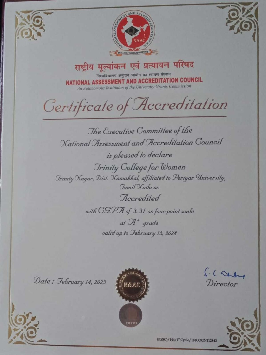NAAC CERTIFICATE – Trinity College for Women